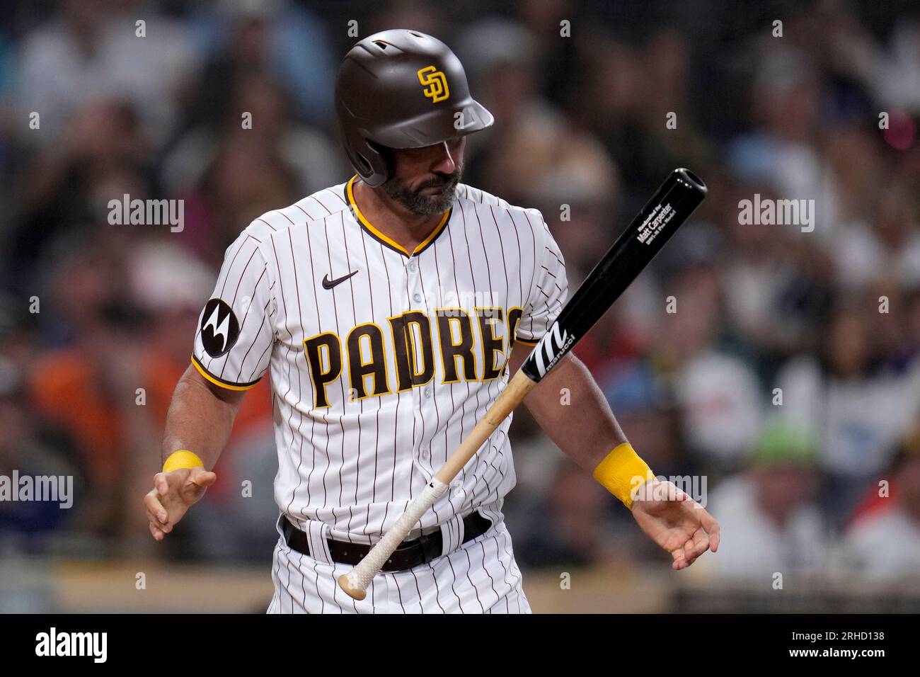 San Diego Padres' Matt Carpenter tosses his bat after striking out ...