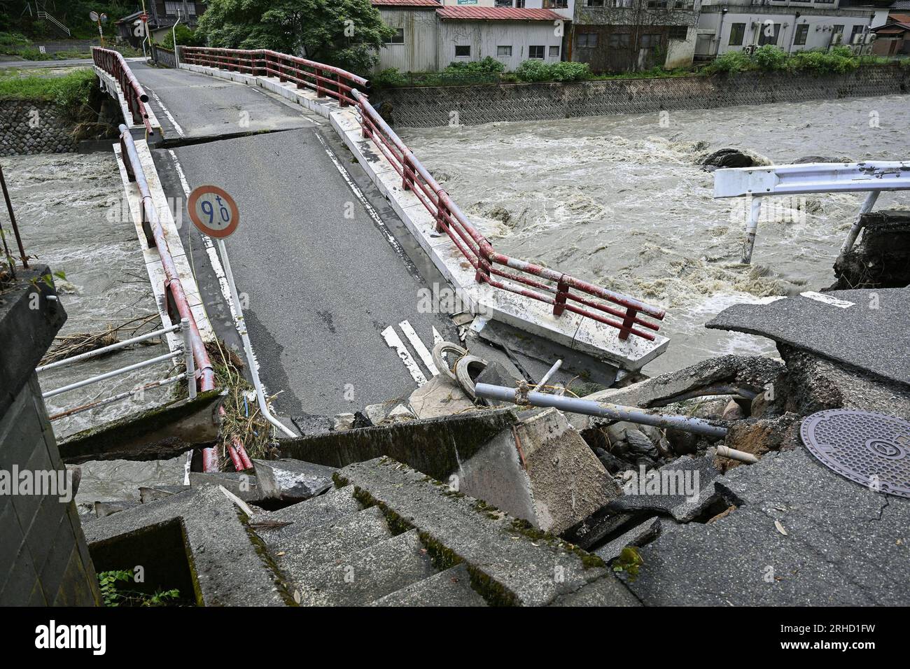 Photo taken Aug. 16, 2023, shows a collapsed bridge over the Saji River ...