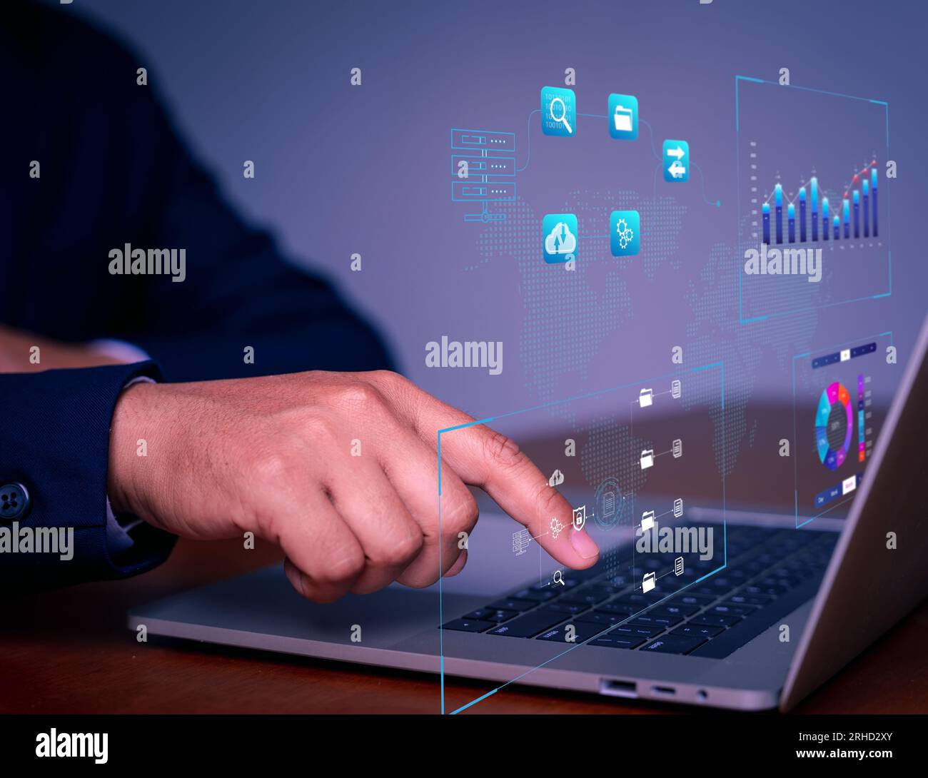 Analyst working with business analytics and data management system on ...