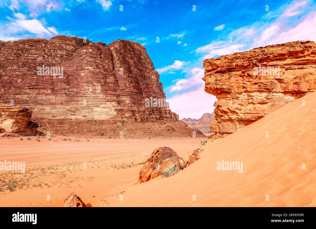 Scenic landscape in Wadi Rum (aka Valley of the Moon), a valley cut ...