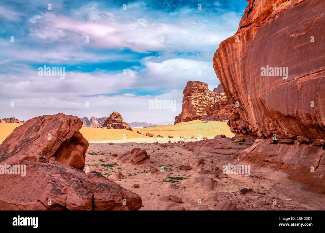 Scenic landscape in Wadi Rum (aka Valley of the Moon), a valley cut ...
