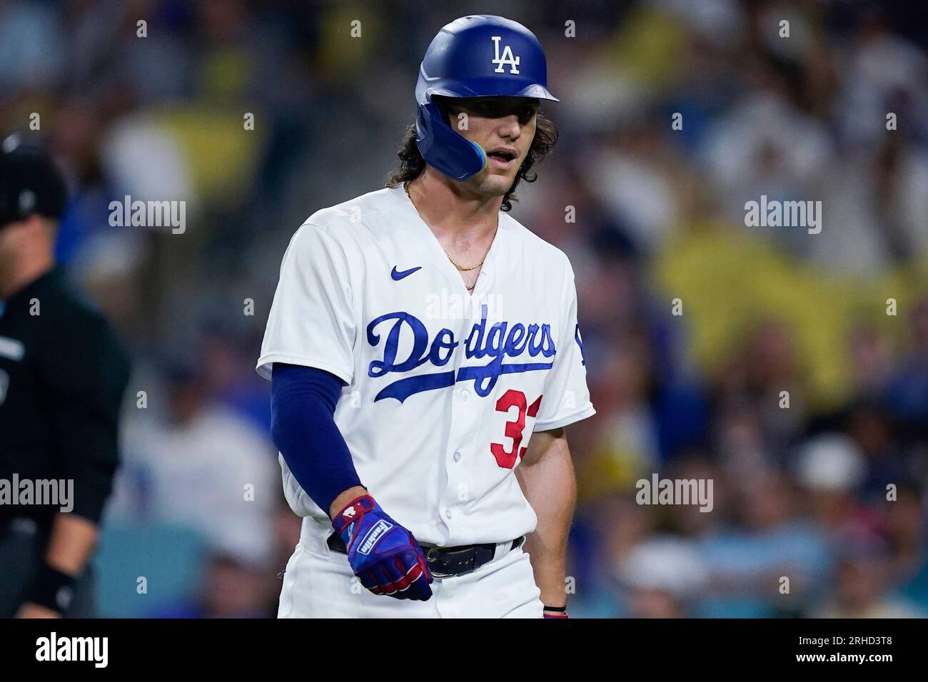 Los Angeles Dodgers' James Outman reacts after striking out during the ...