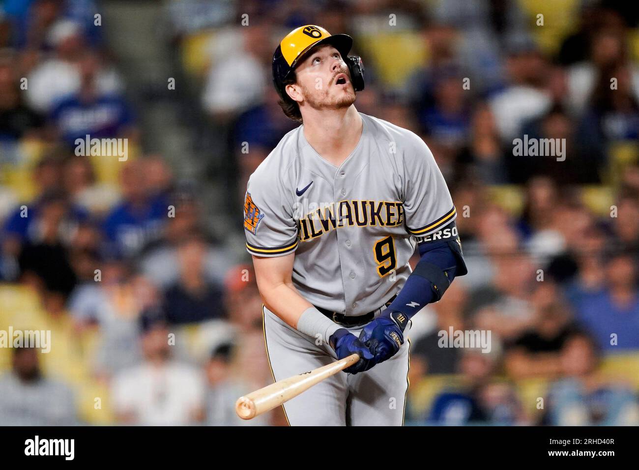 Milwaukee Brewers' Brian Anderson watches after flying out to Los ...