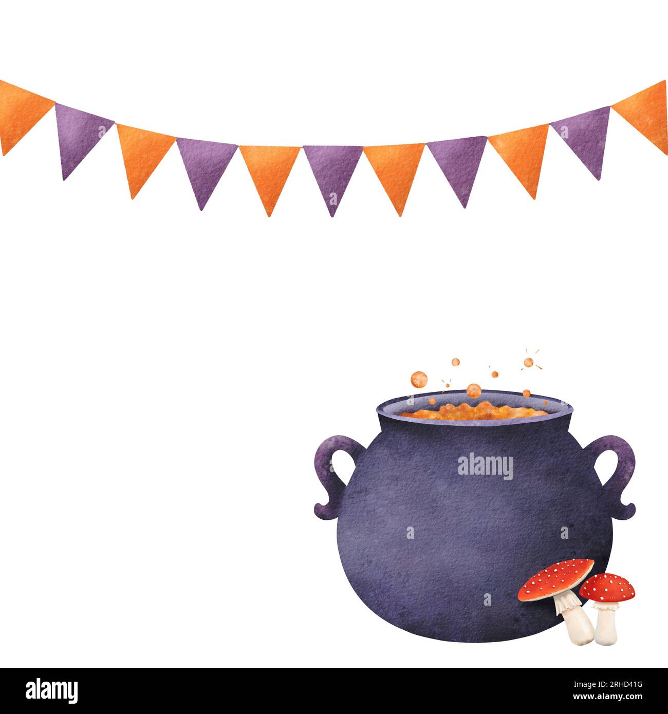 set of Cauldron with a orange potion and cheerful bubbles, fly agaric ...