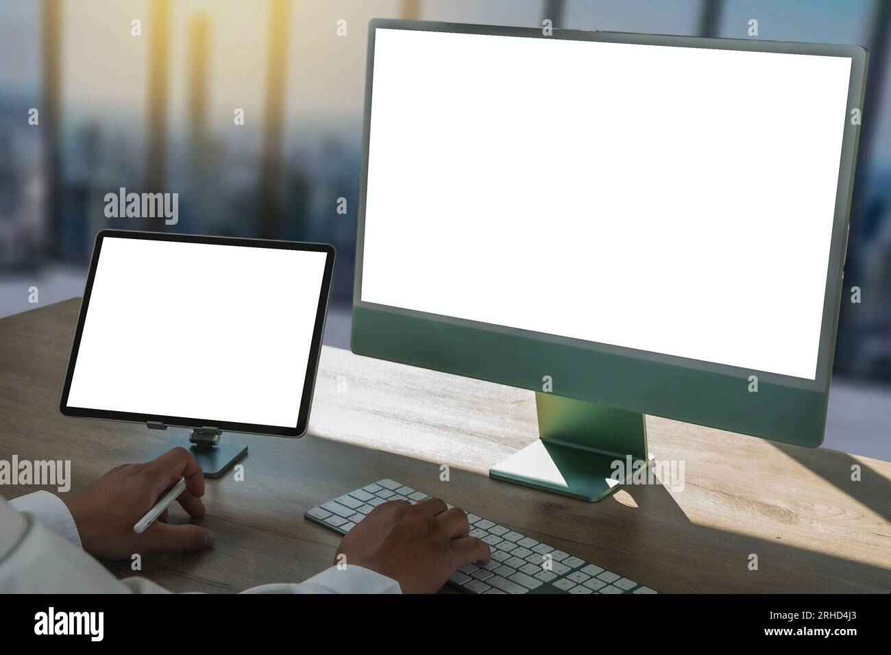 Laptop with blank screen on table. Workspace background new project on ...