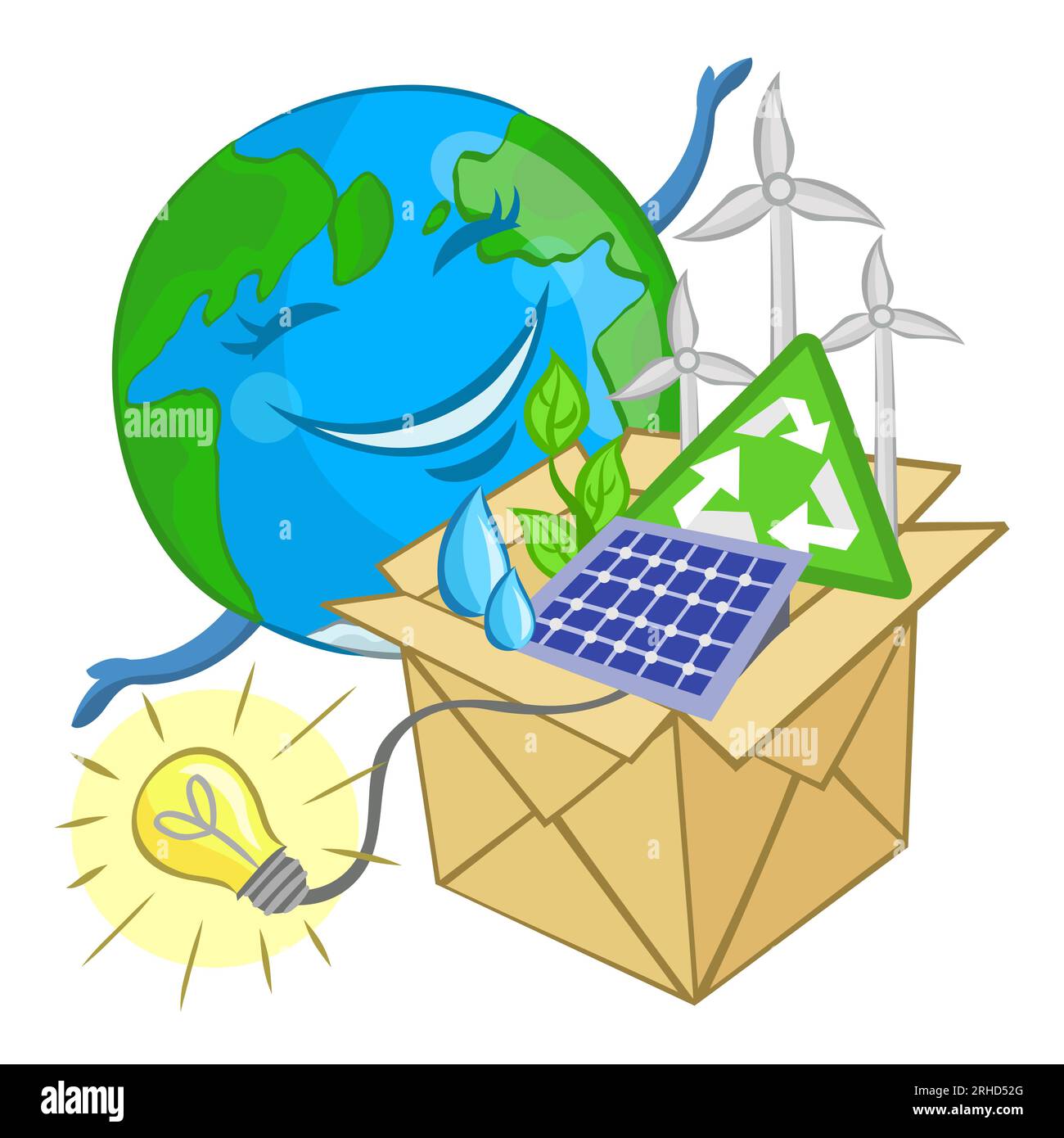 Planet Earth is opening cardboard box with different ECO-objects Stock ...