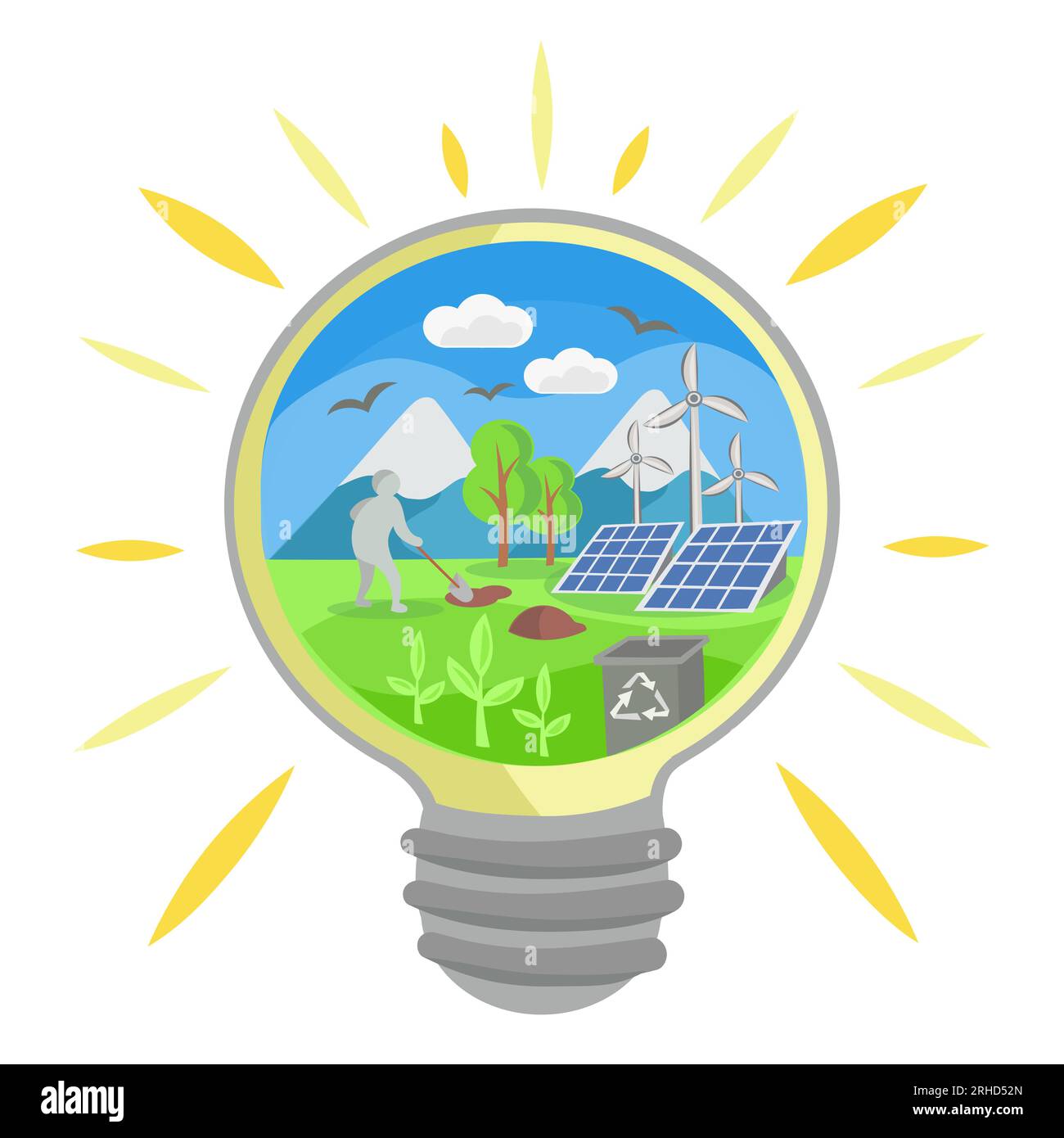Environmental landscape with various ecological activities in lightbulb ...