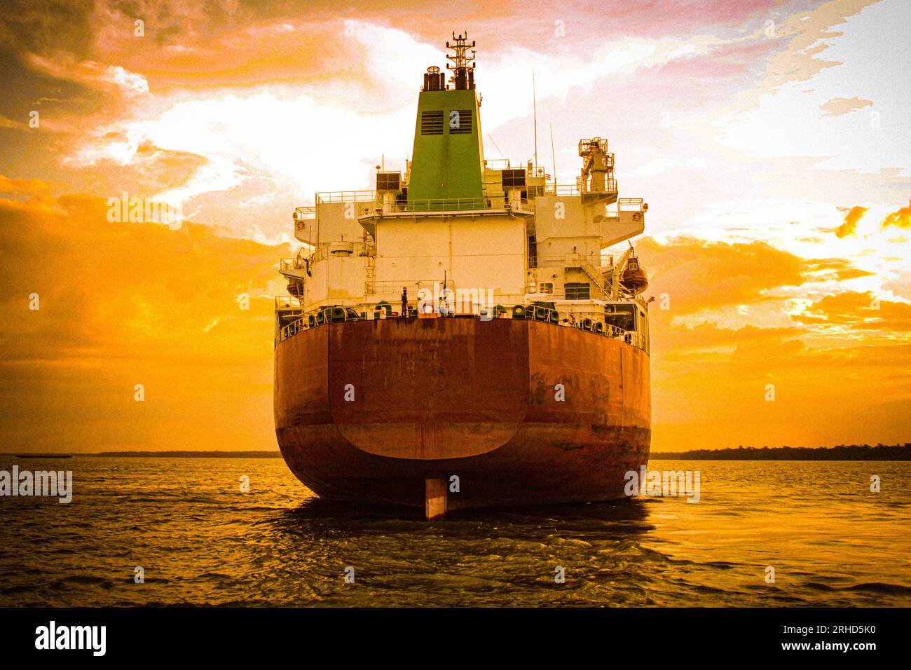The stern of a merchant ship parked in Marajó Bay, in the state of Pará ...