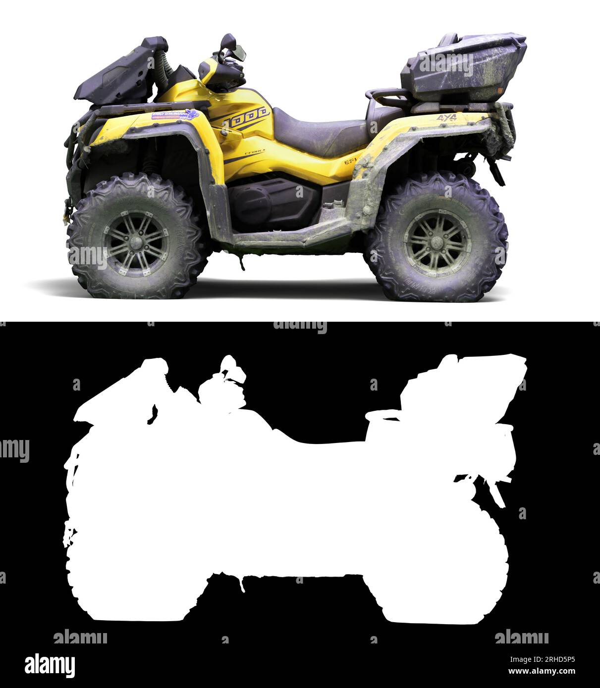 Four quad yellow bike left side view 3d render on white with alpha ...