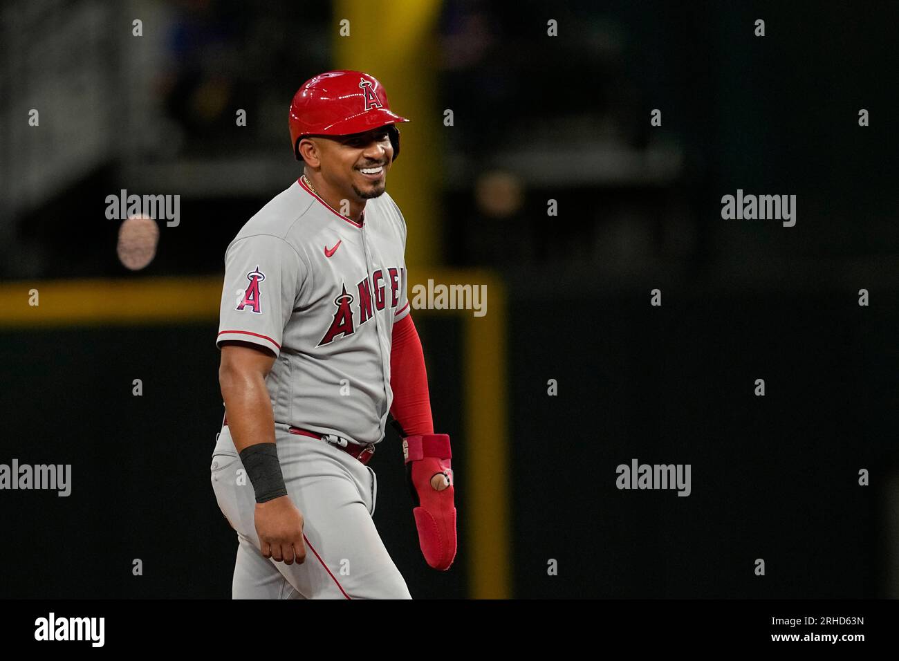 Los Angeles Angels' Eduardo Escobar smiles as he reaches second on a ...