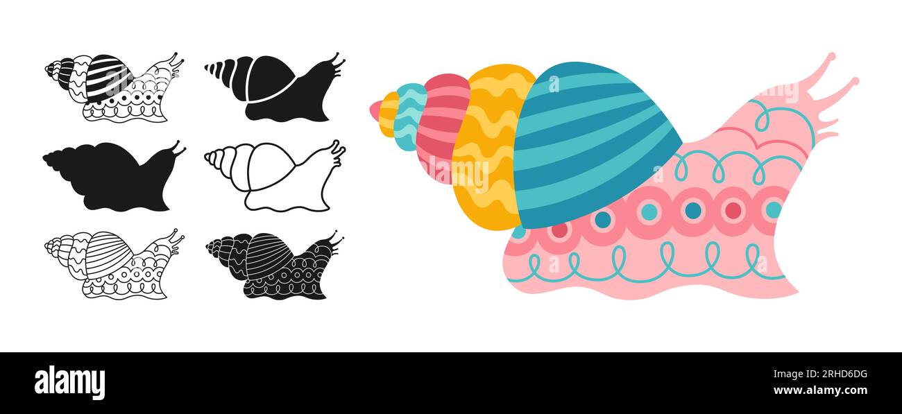 Snail with drawing ornament set. Funny mollusk silhouette shape or ...