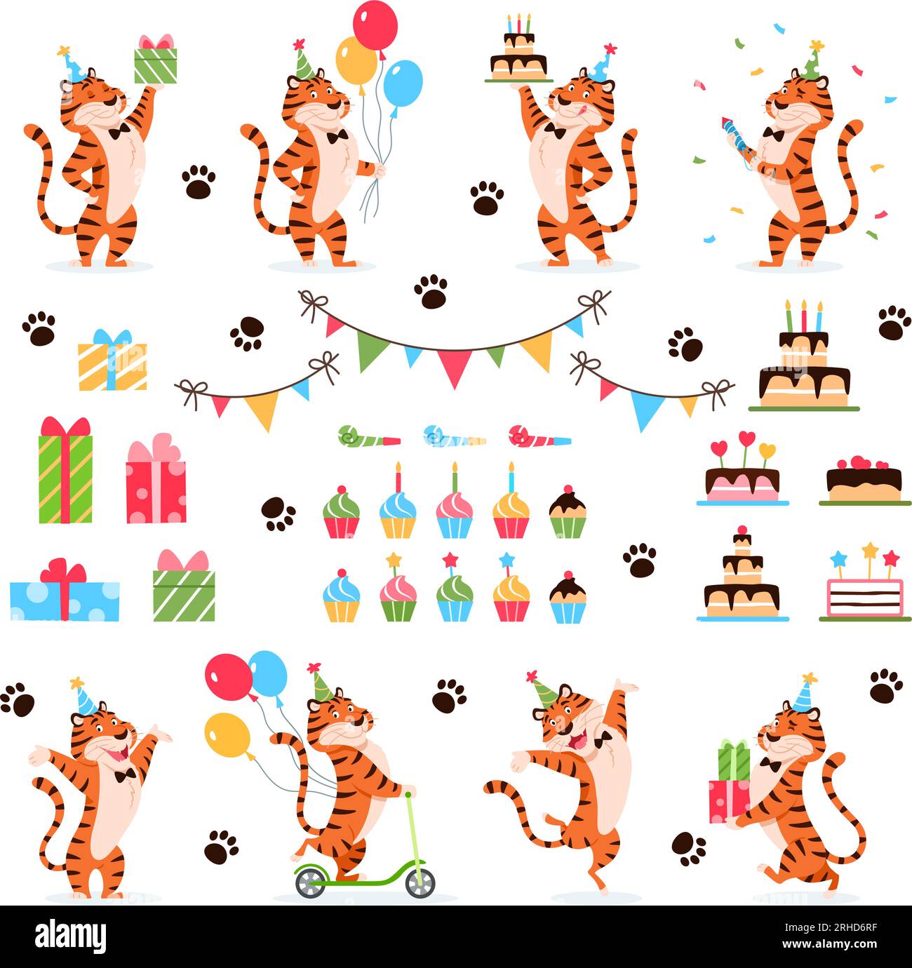 Cartoon tigers Birthday set on white background Stock Vector Image ...