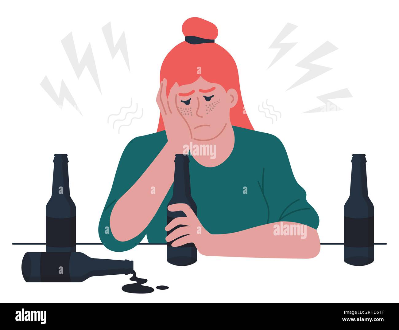 Female Alcoholism Concaept. Woman With Beer Bottles. Vector ...