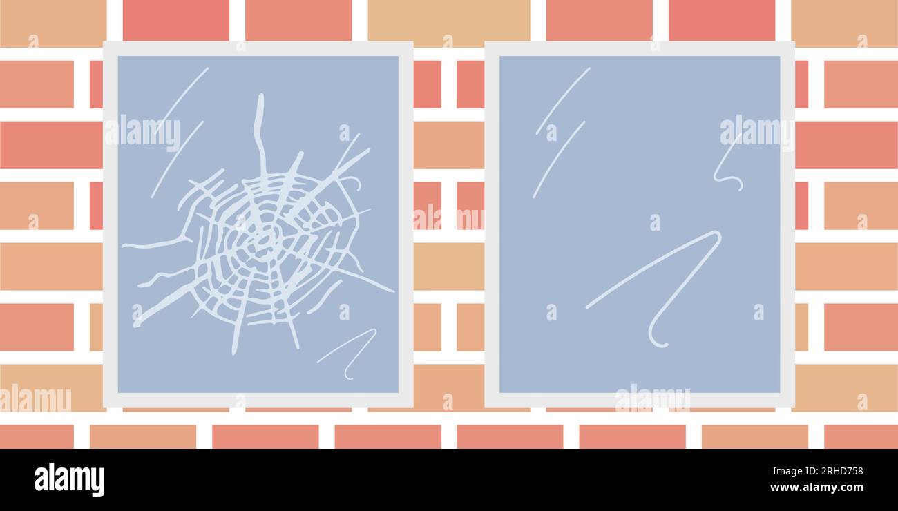 Destroyed window on street wall. Vandalism actions. Banner, poster ...