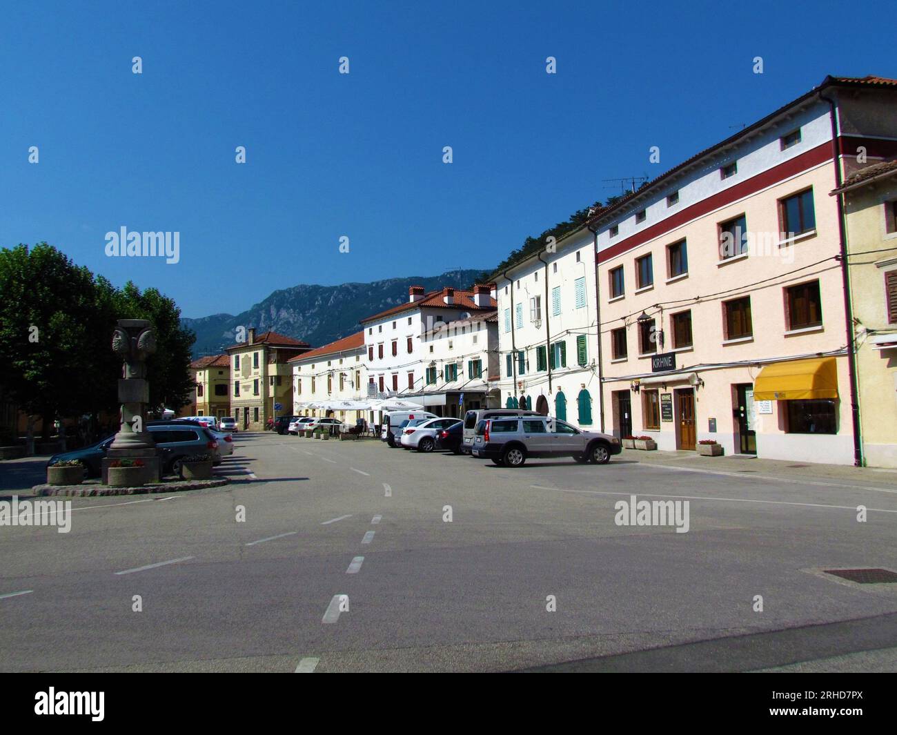 Town center square in Vipava in Littoral region of Slovenia with cars ...