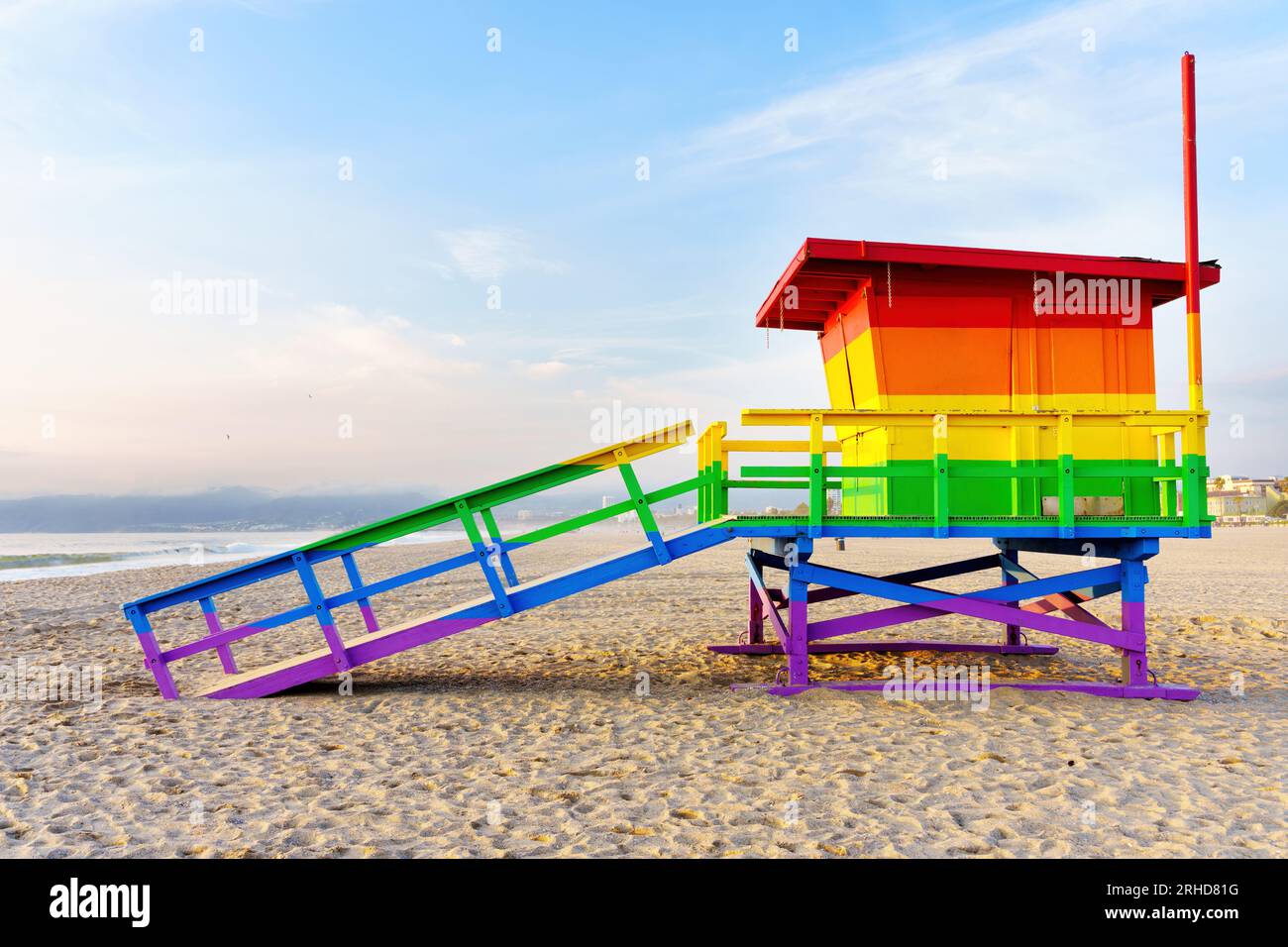 Rainbow-colored lifeguard tower at Venice Beach at sunset Stock Photo ...