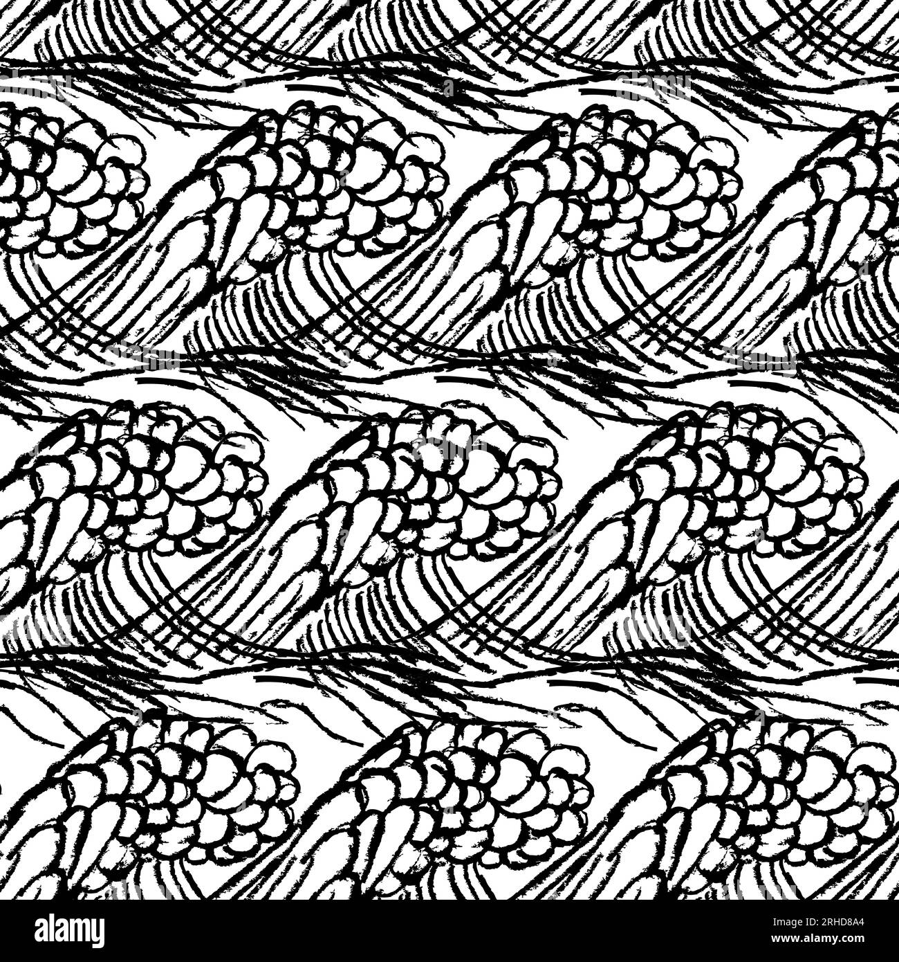 Ocean wave sketch seamless pattern vector design. Monochrome natural ...