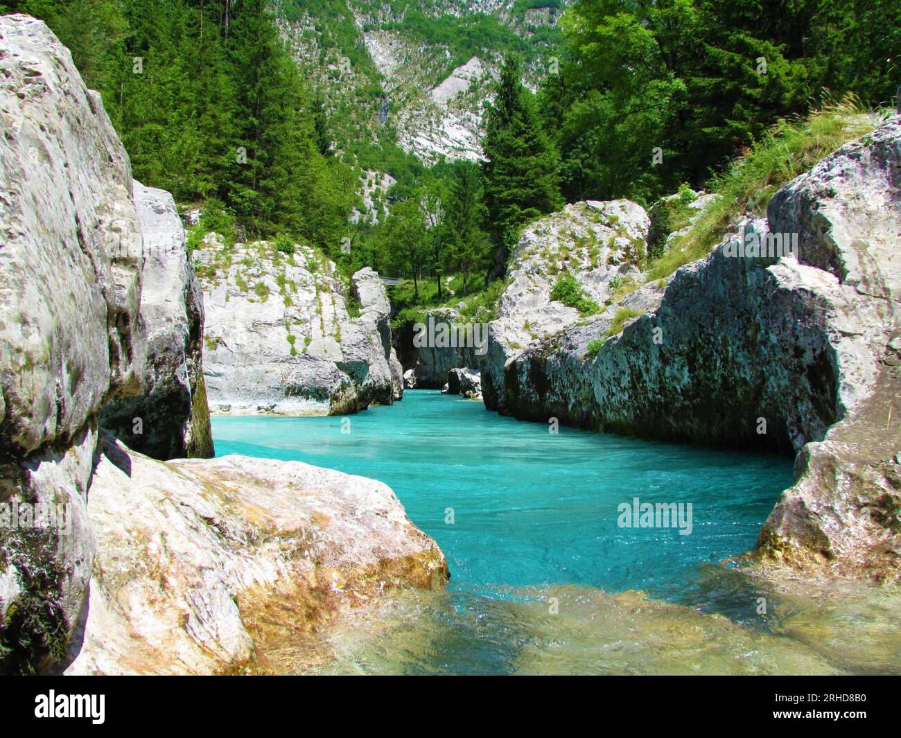 Emerald colored Soca river at the Great Soca gorge in Trenta, Slovenia ...