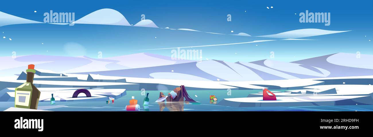 Garbage in arctic ocean snow ice world landscape. North pole and global ...