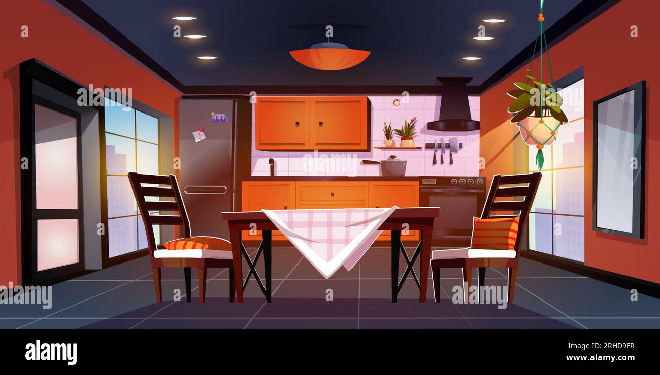 Kitchen interior with dining table illustration background. Clean ...