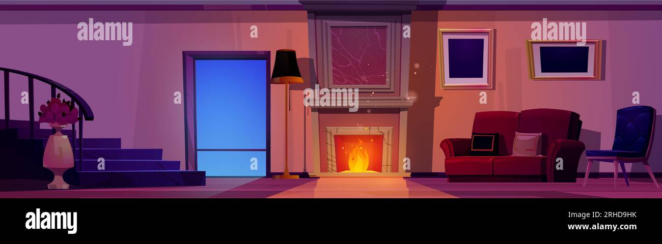 Large living room with fireplace at night. Vector cartoon illustration ...