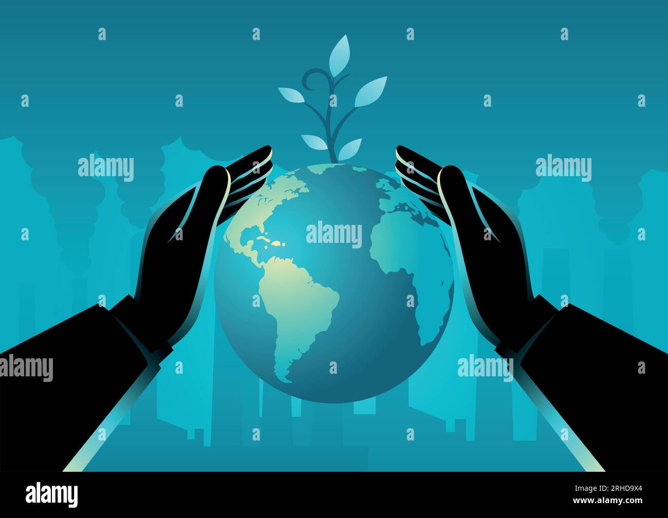 Vector illustration of hand covering planet earth with young plant from ...