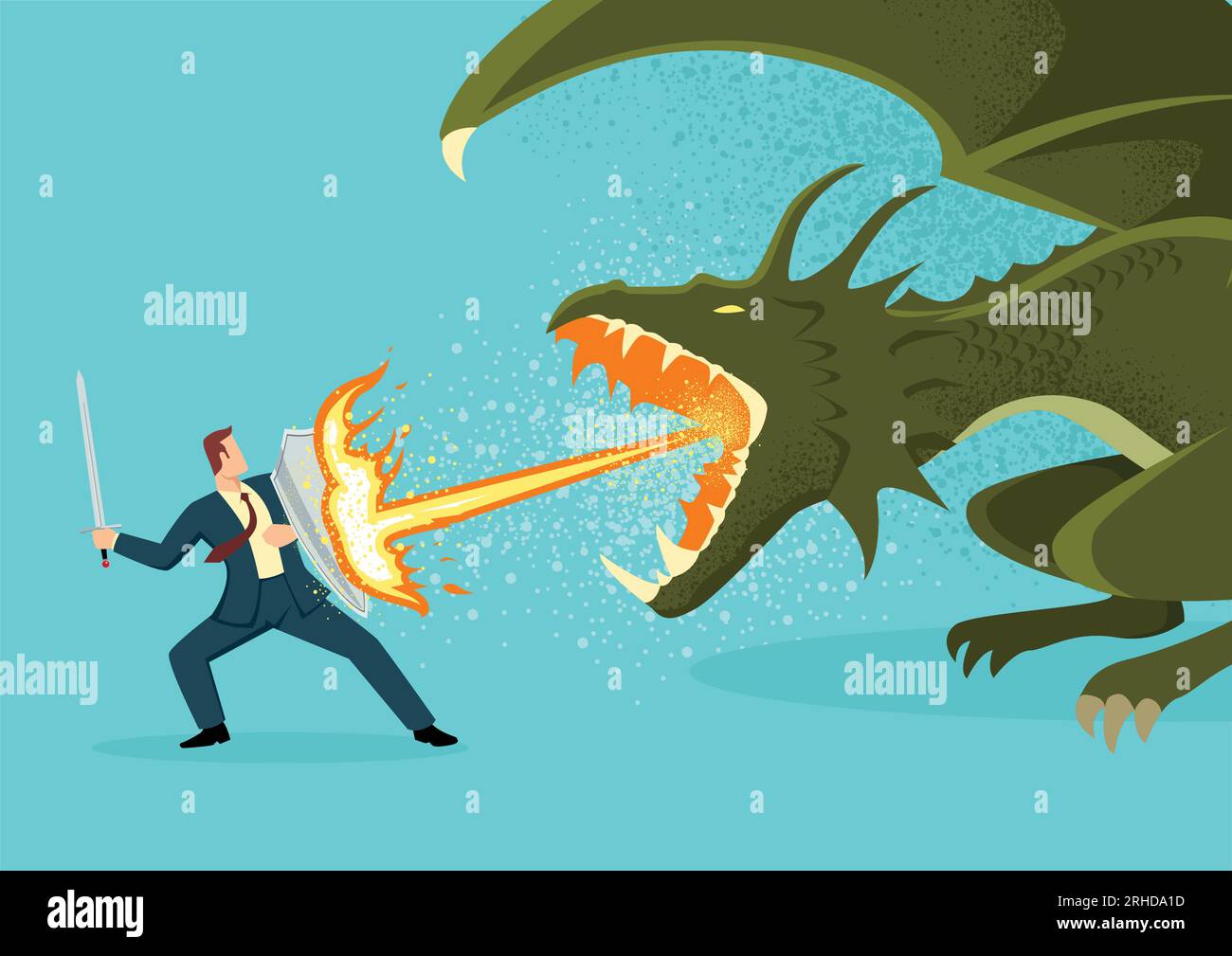 Simple flat vector illustration of a businessman fighting a dragon ...