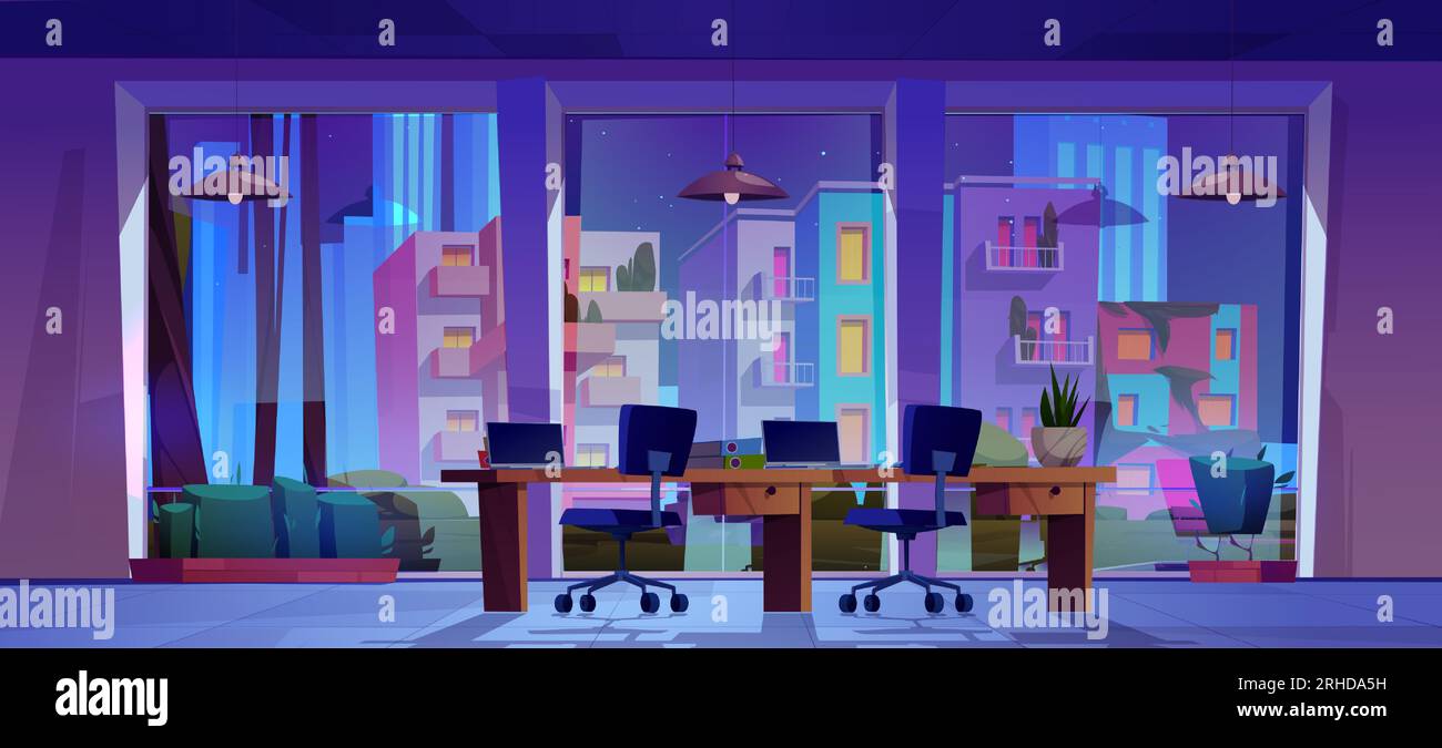 Cartoon company office interior at night. Vector illustration of dark ...
