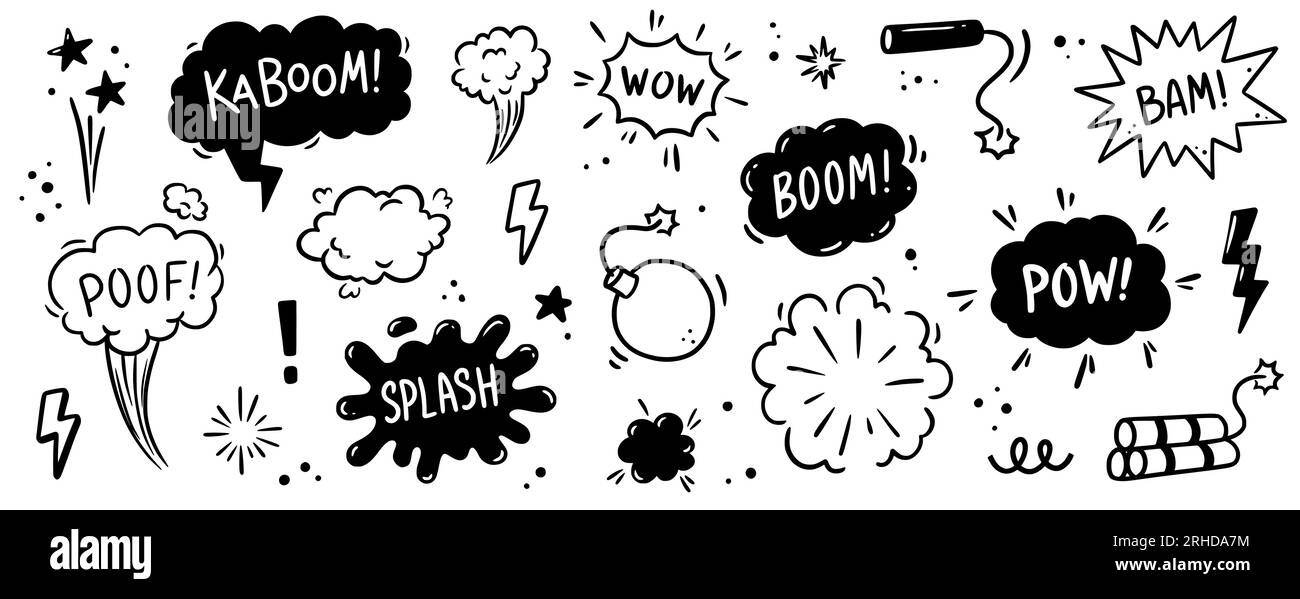 Comic bomb boom vector element. Hand drawn cartoon explosion bomb ...