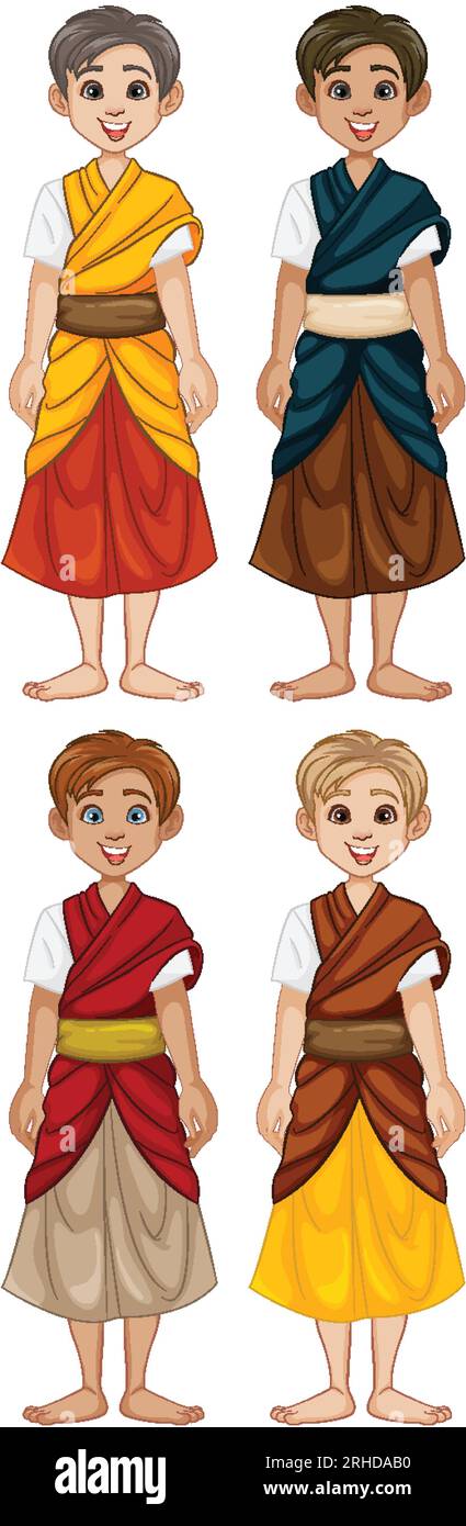 Colorful cartoon characters depicting Southeast Asian men in ...