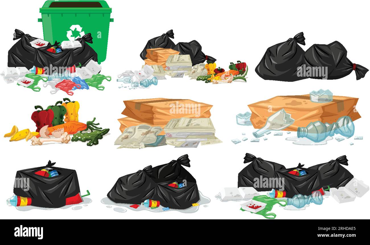 A cartoon-style illustration depicting a group of trash littered ...
