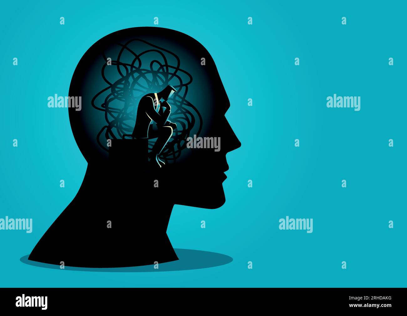 Vector illustration of a man sitting in human head with tangled cords ...