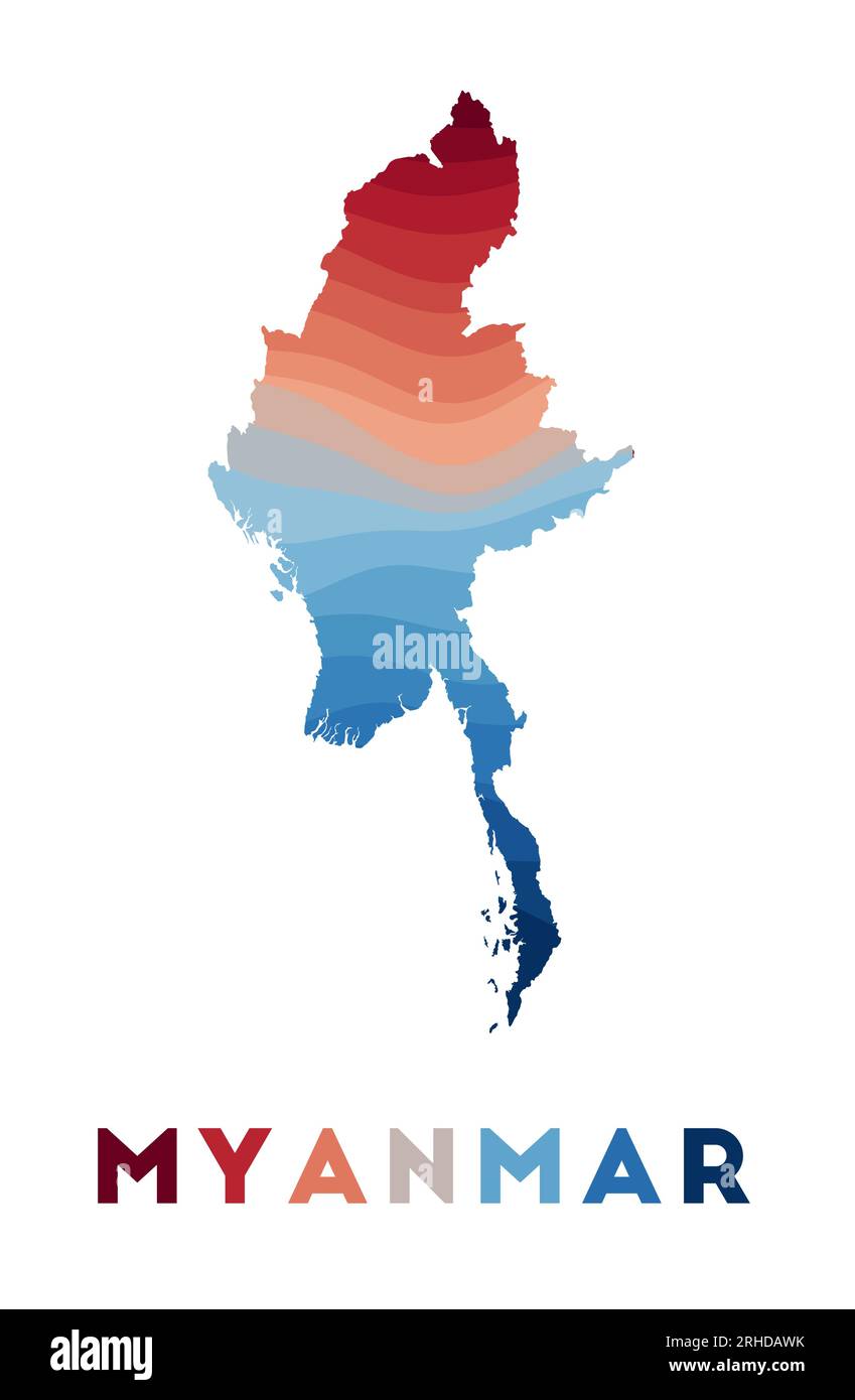 Myanmar map. Map of the country with beautiful geometric waves in red ...