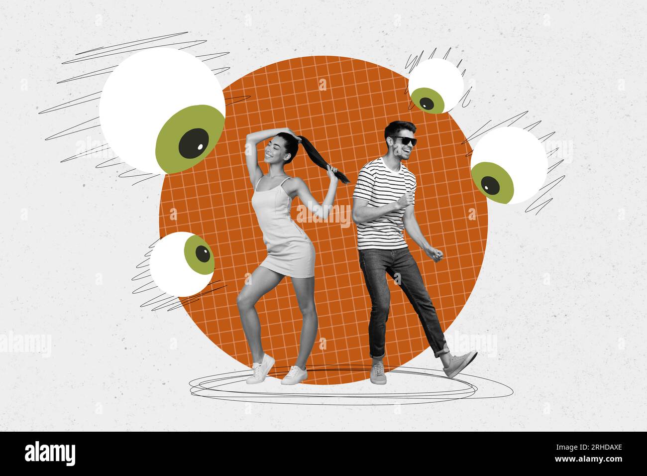 Poster banner collage of two happy youth people lady guy dancing ...
