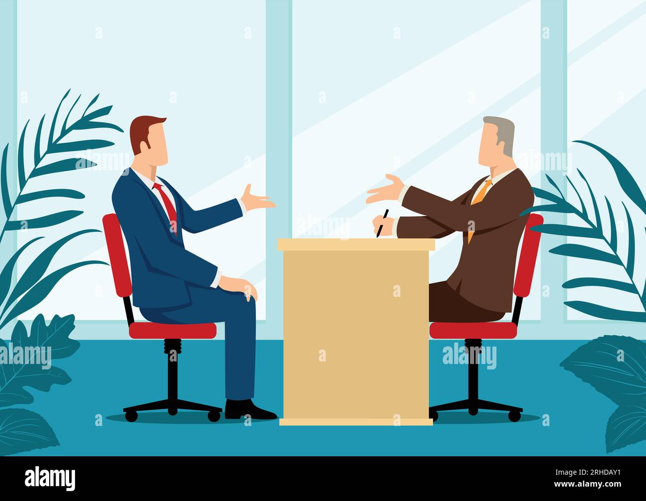 Business illustration of a man being interviewed by recruiter ...