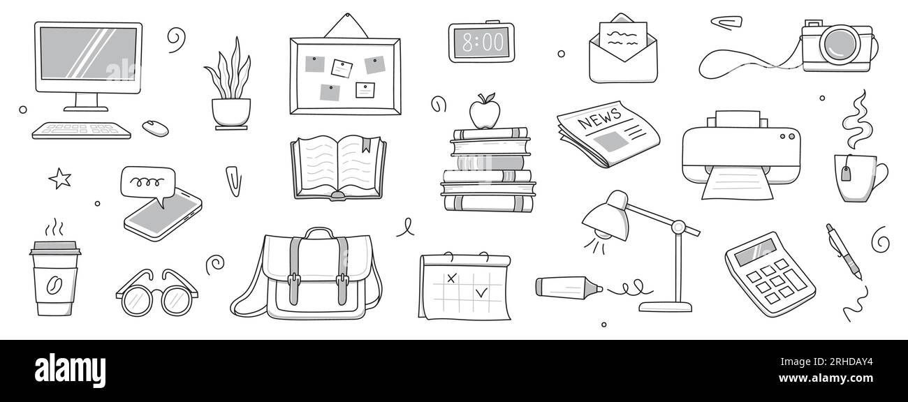 Office work doodle set. Office computer, work desk, notebook doodle ...