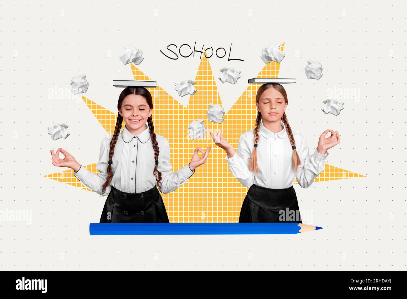 Collage of two diligent academic school children balance meditation ...