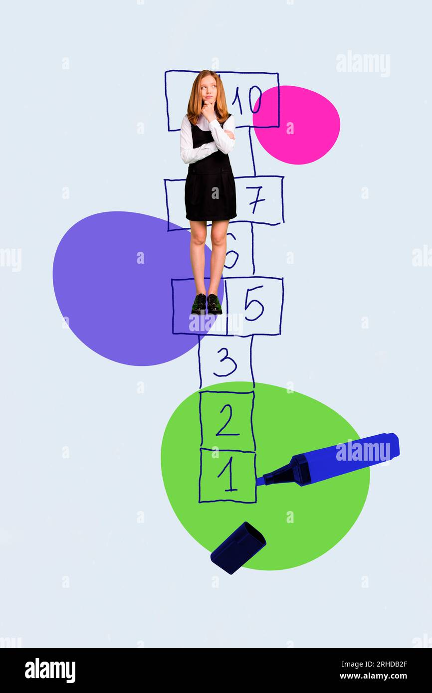 Vertical collage image of minded mini girl brainstorming stand ...