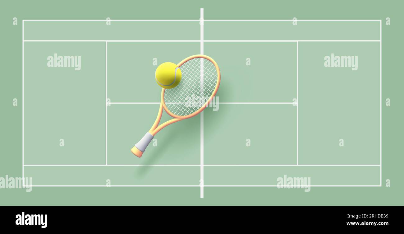 3d tennis racket and tennis ball on green tennis court background ...