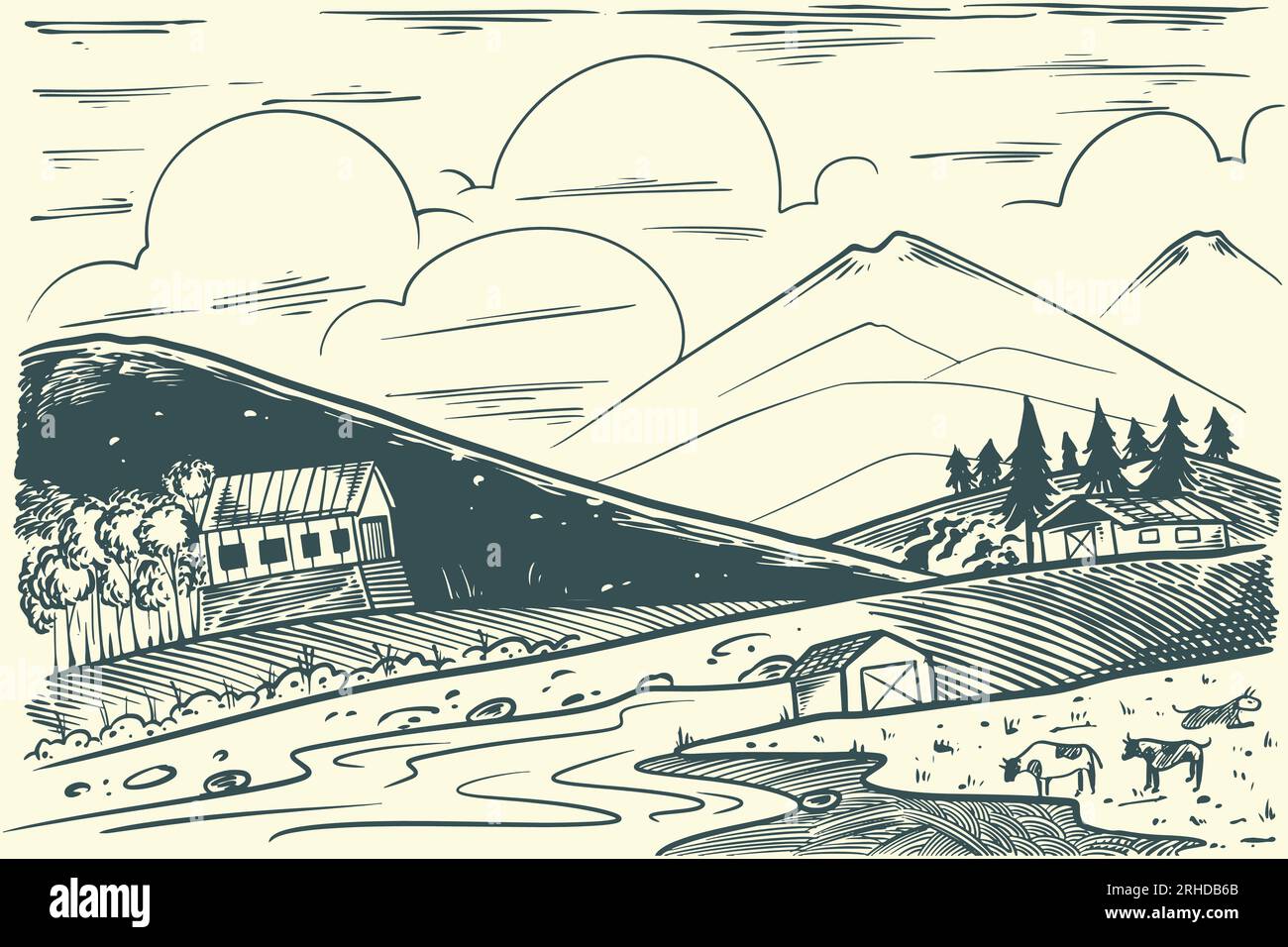 Hand drawing rural agriculture landscape in vintage scandinavian style ...