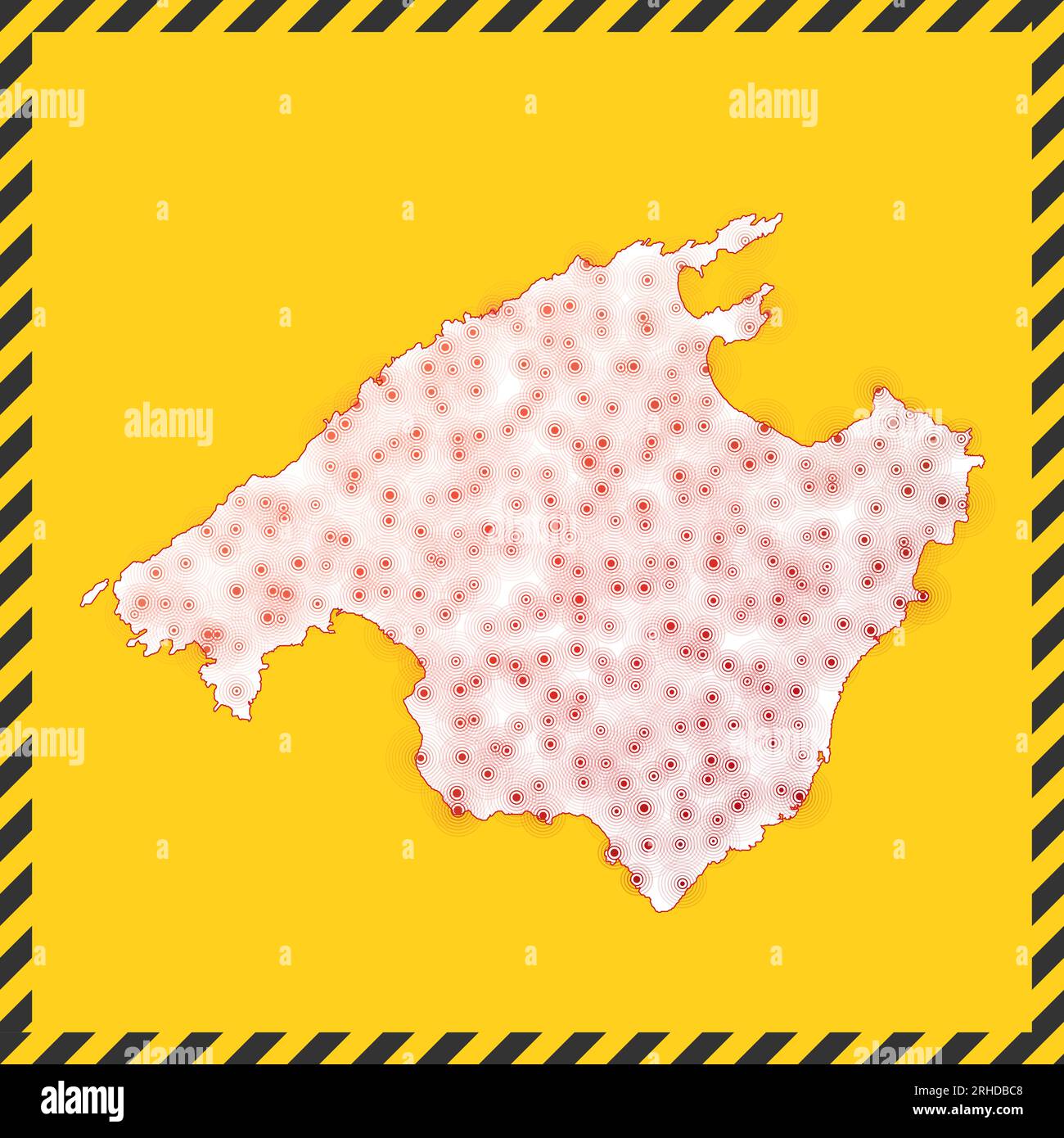 Majorca closed - virus danger sign. Lockdown island icon. Black striped ...