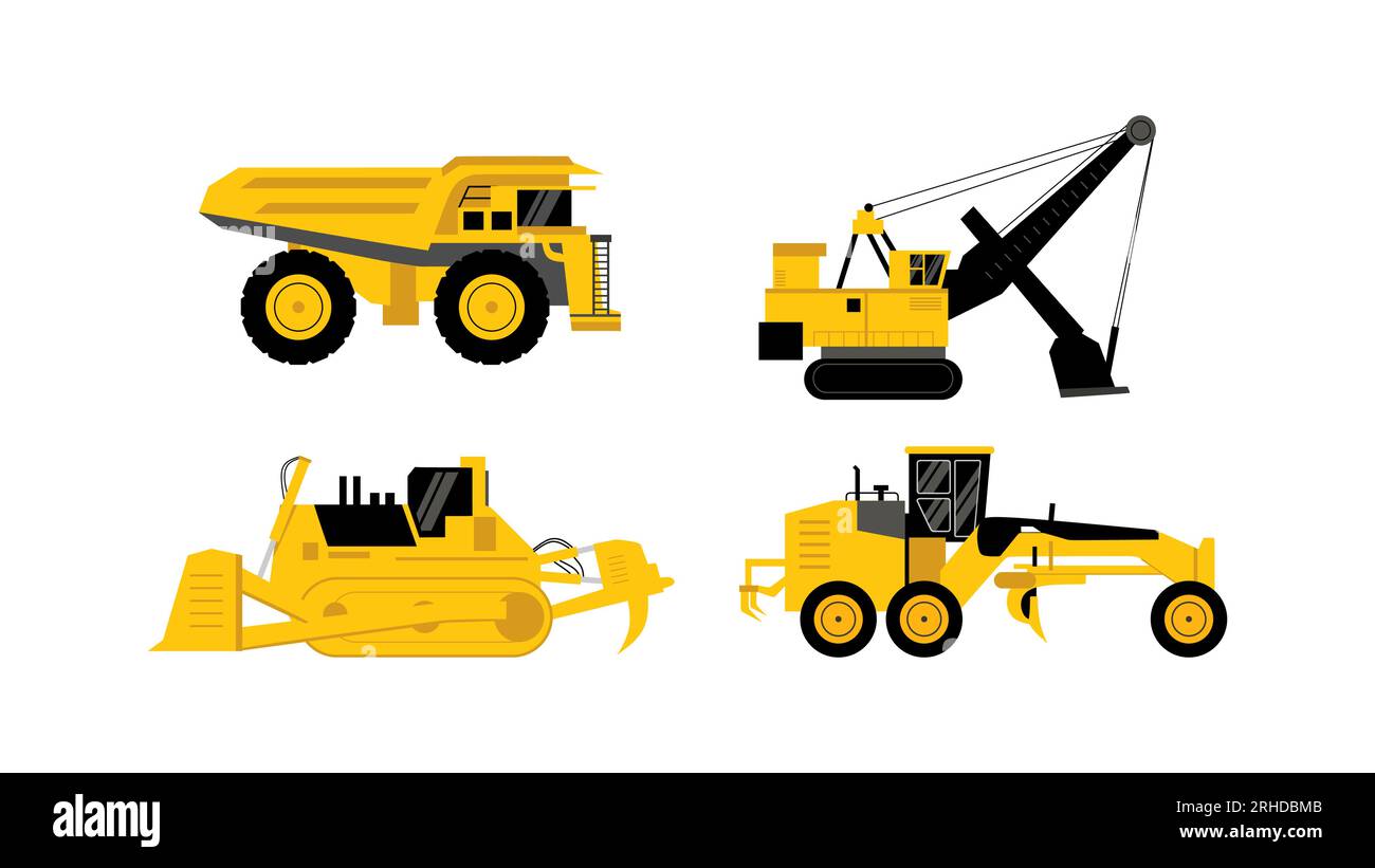 four yellow mining vehicle set flat element isolated on white ...