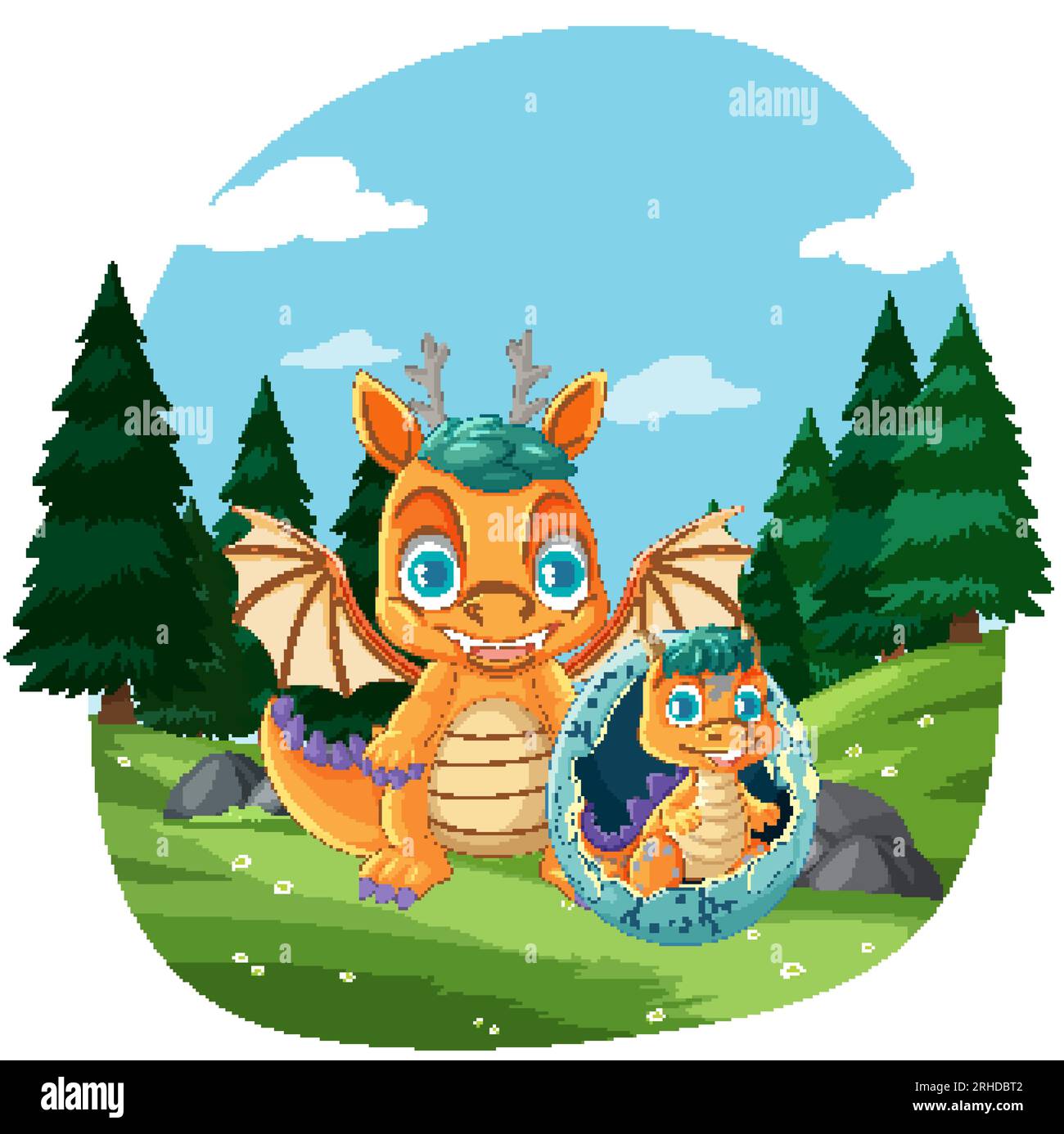 A cartoon-style vector illustration of a dragon and its baby snatching ...