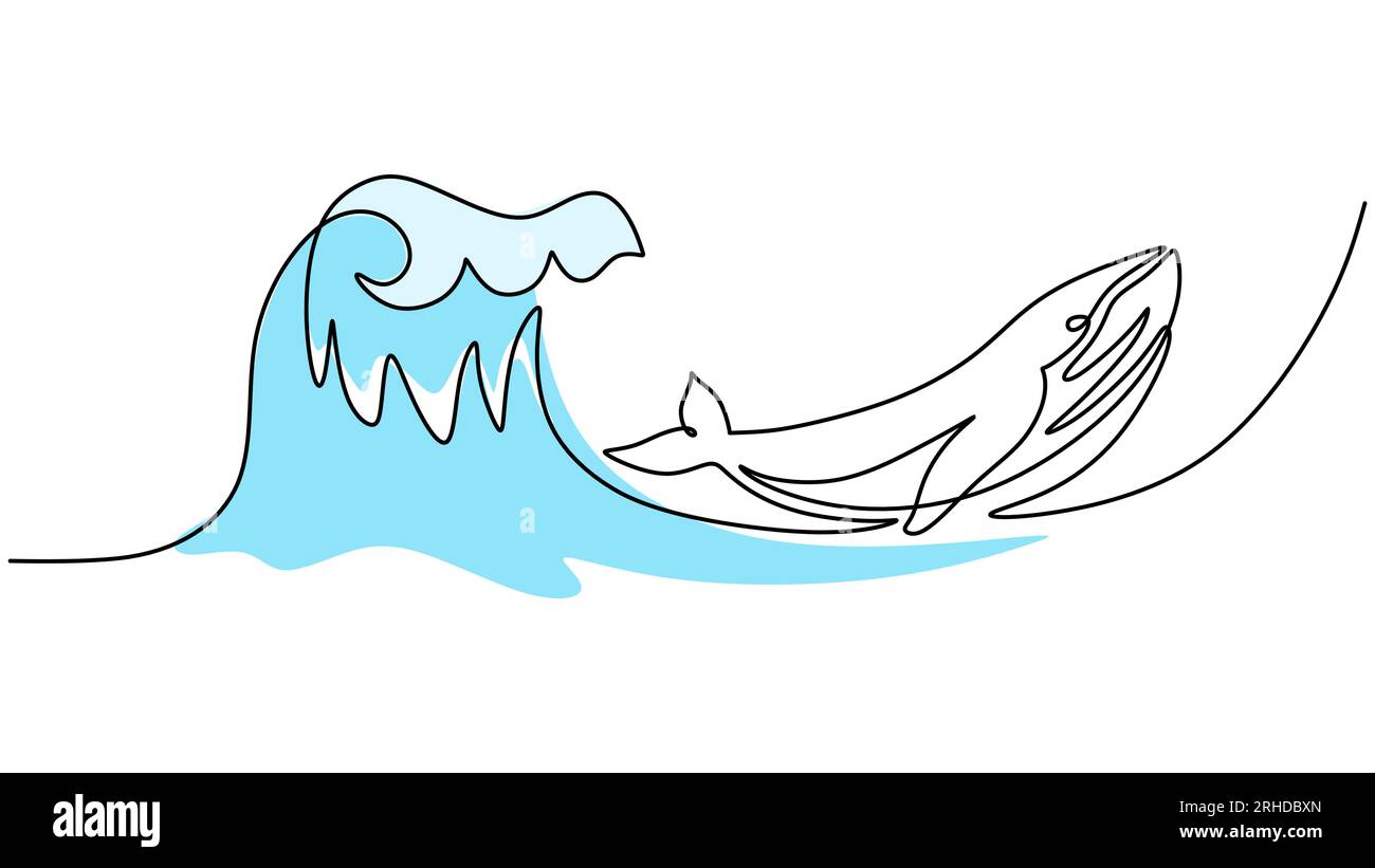 One line drawing of wave chasing whale isolated on white background ...