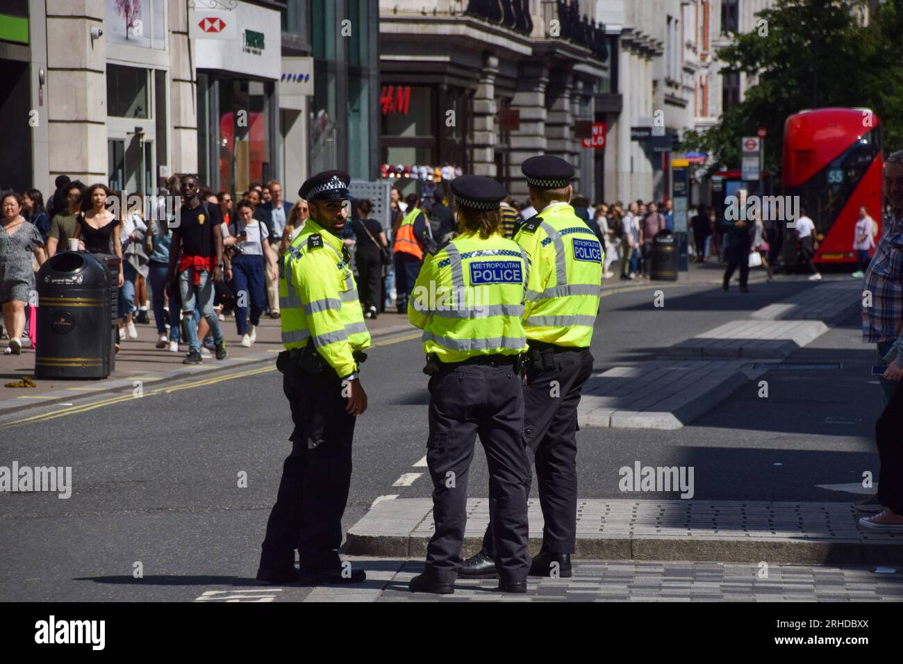 London, UK. 9th August 2023. Police officers patrol Oxford Street after ...