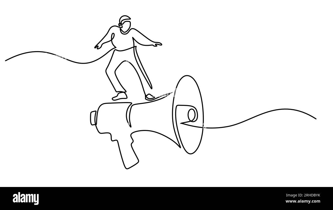 One line drawing of man standing on horn isolated on white background ...