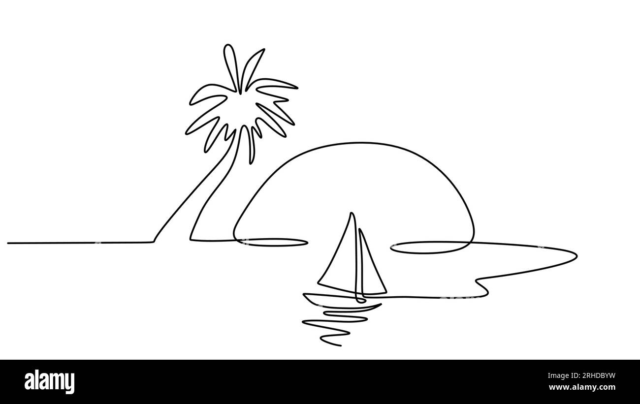 One line drawing of sunset beach and boat isolated on white background ...