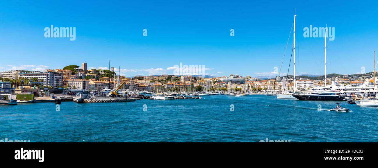 Cannes, France - July 31, 2022: Cannes seafront panorama with castle ...