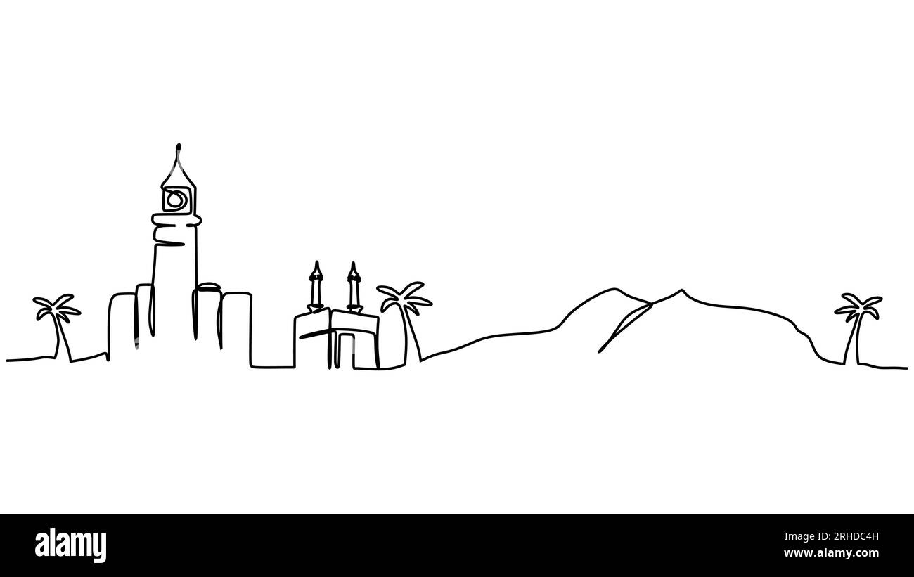 One line drawing of kaaba mosque and desert isolated on white ...