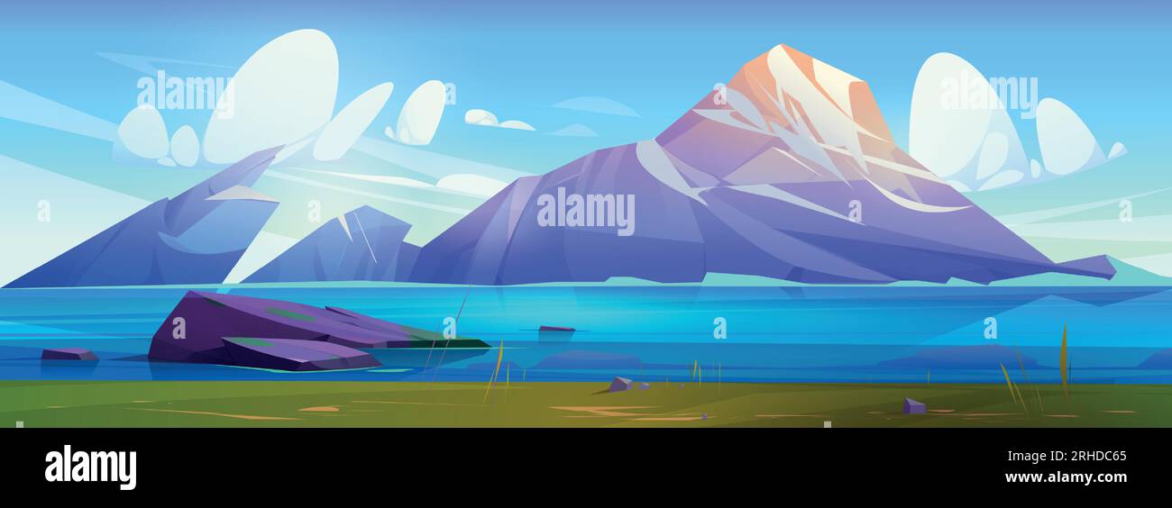 Mountain landscape seen across sea bay. Vector cartoon illustration of ...